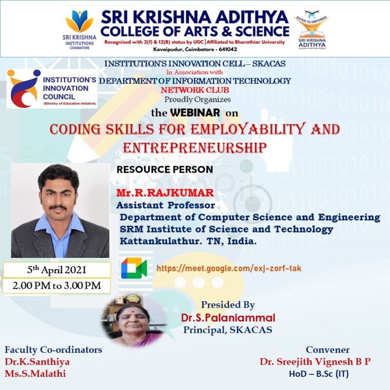 Webinar on “Coding Skills for Employability and Entrepreneurship” – SKACAS